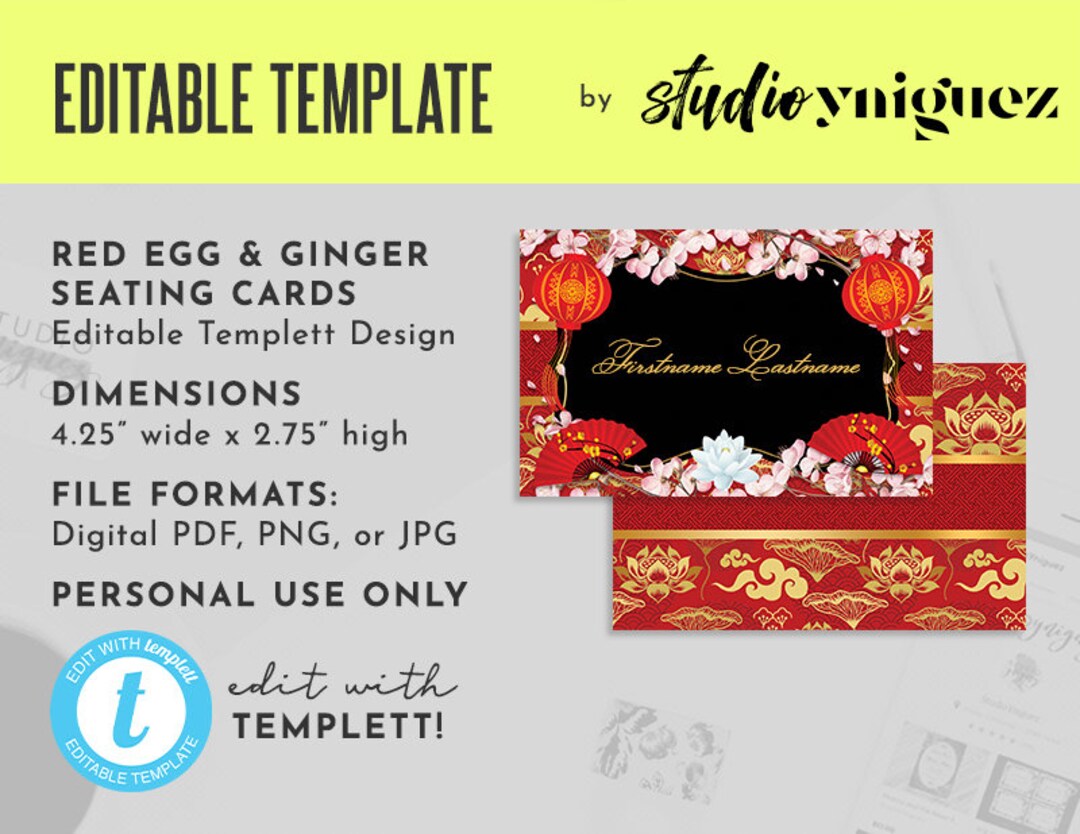 Red Egg Cherry Blossom Printable 4.25" X 2.75" Editable Seating Tent ...