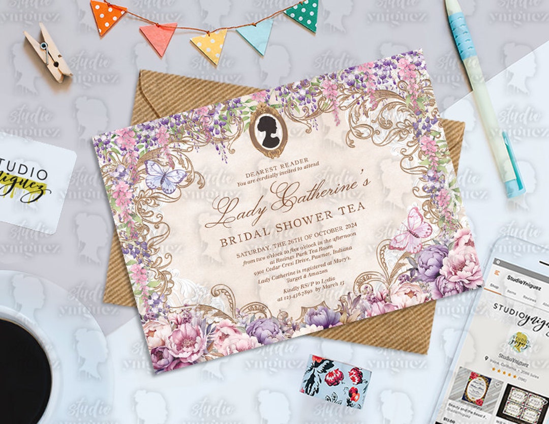 Regency Bridal Shower Tea Party Printable 7" X 5" Invitation, Floral ...