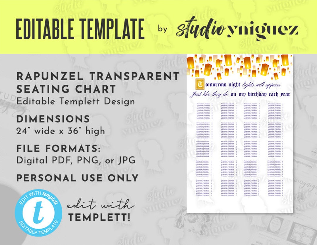 Rapunzel Princess Fairy Tale Printable 24" X 36" Editable Seating Chart, Editable Seating Chart ...