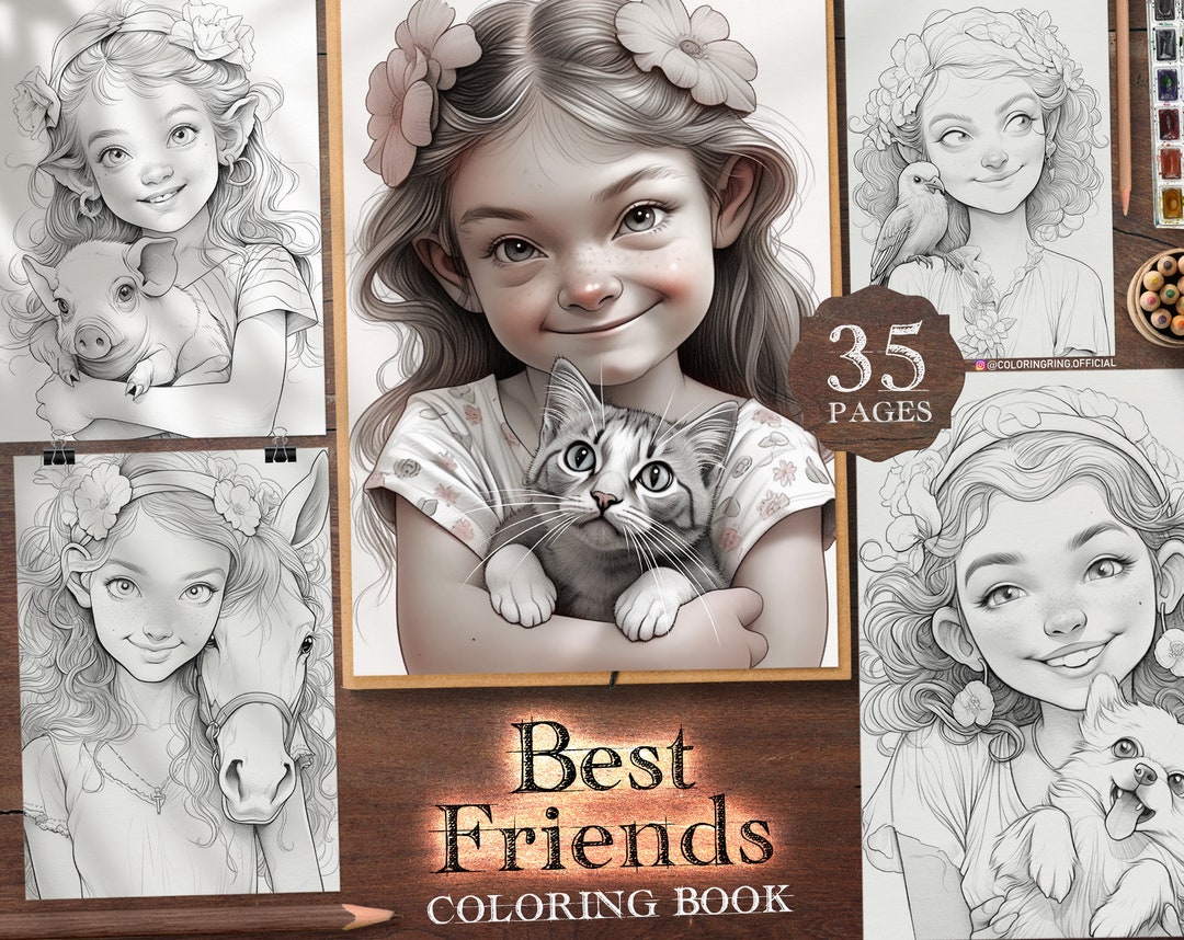 35 Best Friends - Animals Digital Coloring Book, Fantasy Cute Beautiful ...