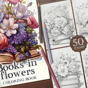50 Floral Books Digital Coloring Book, Book Flowers Coloring Pages ...