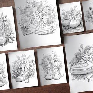 80 Floral Sneakers Digital Coloring Book, Floral Shoes Coloring Pages ...