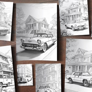 49 Retro Cars With Luxury House Digital Coloring Book, Vintage Cars ...