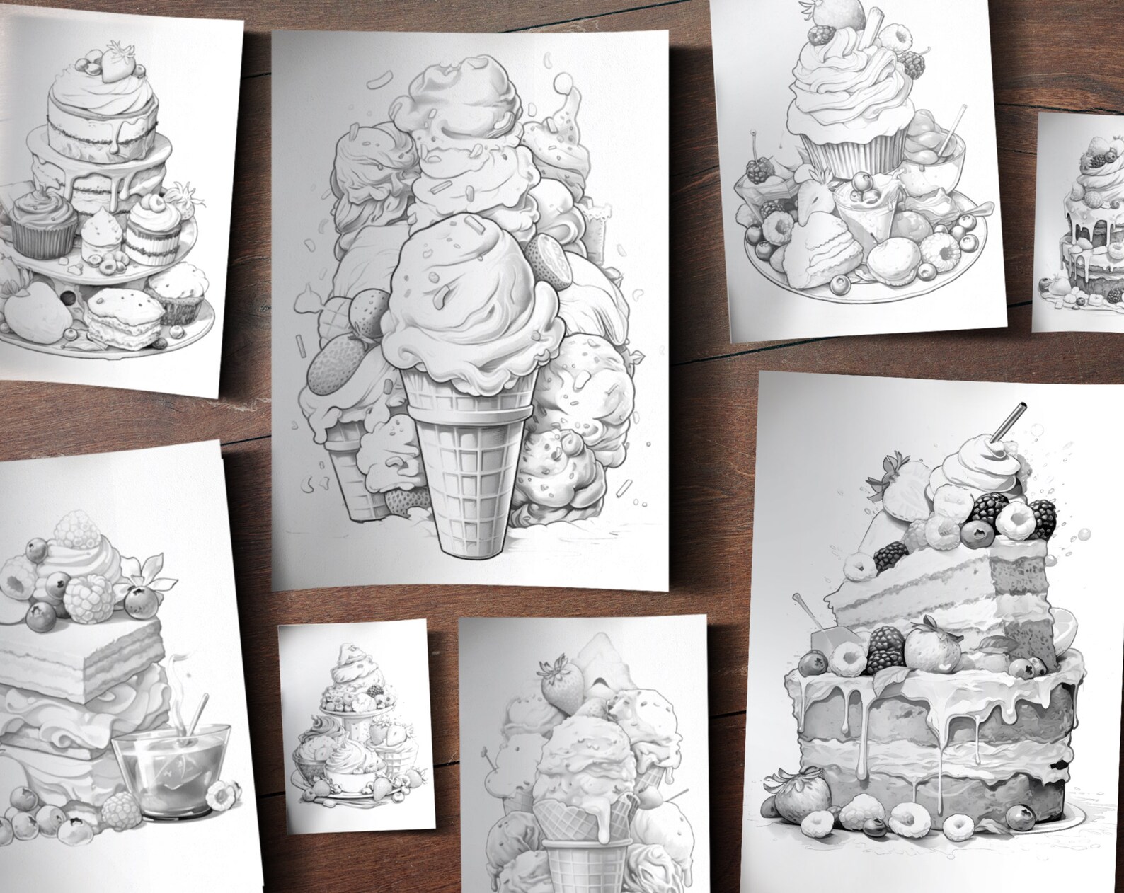 44 Desserts Digital Coloring Book, Ice Cream Coloring Pages, Cake ...