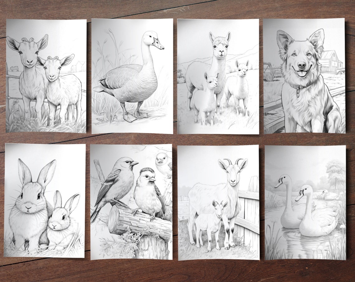 52 Farm Animals Digital Coloring Book, Cow, Pig, Sheep, Chicken, Horse ...