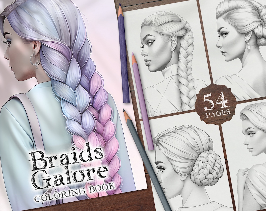54 Braids Galore Digital Coloring Book, Girls Hairstyle Coloring Pages ...