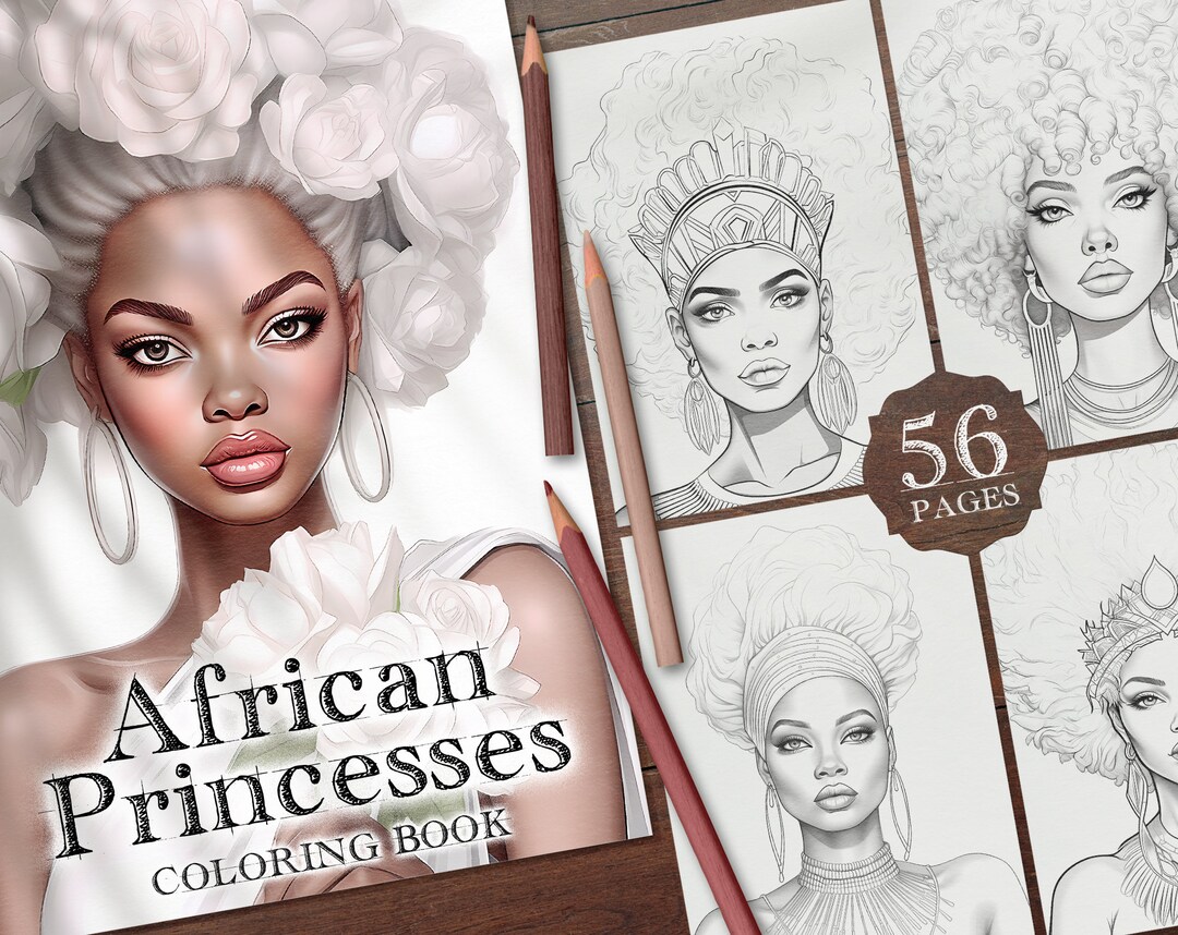 56 African Princesses Digital Coloring Book, Afro Girls Colouring Sheet ...