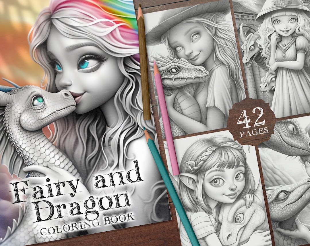 42 Fairies Ride Dragons Digital Coloring Book, Fairies Hugs Dragons ...