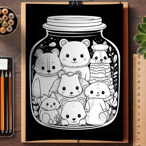 80 Cute Animals in Jar Digital Coloring Book, Kawaii Animals in Glass ...