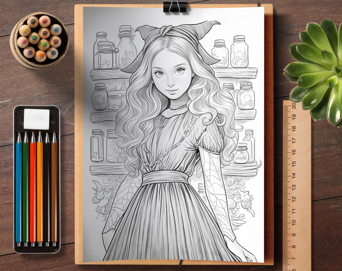 34 Witchy Land Digital Coloring Book, Witches Girl Coloring Pages, Cute ...
