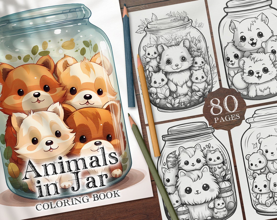 80 Cute Animals in Jar Digital Coloring Book, Kawaii Animals in Glass ...