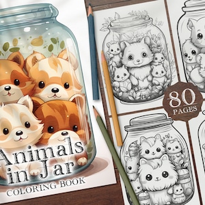 80 Cute Animals in Jar Digital Coloring Book, Kawaii Animals in Glass ...