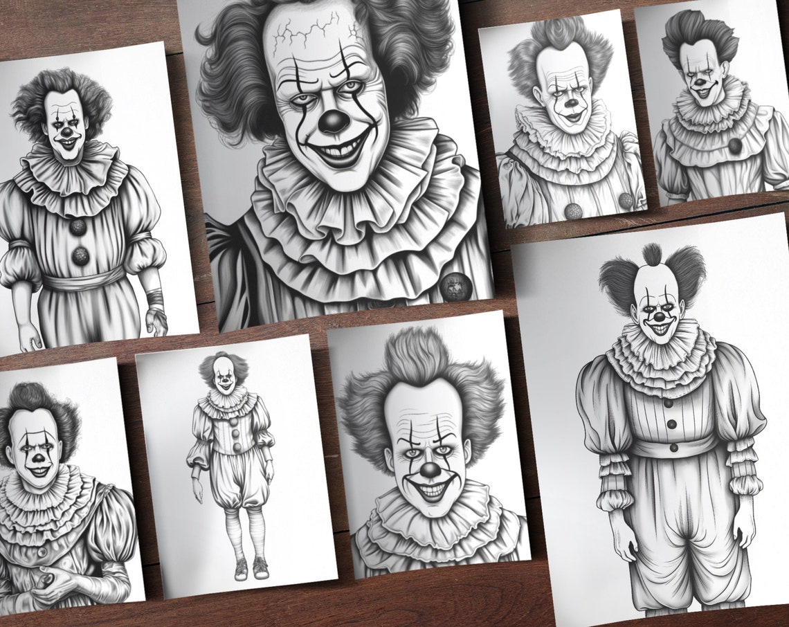 60 Horror Circus Clowns Digital Coloring Book, Scary Clowns Coloring ...