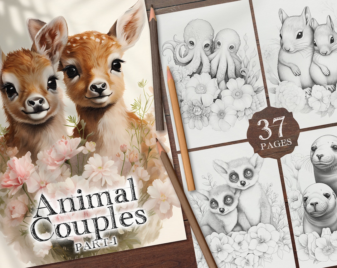 37 Animals Couple Digital Coloring Book (part-1), Animal Friends ...