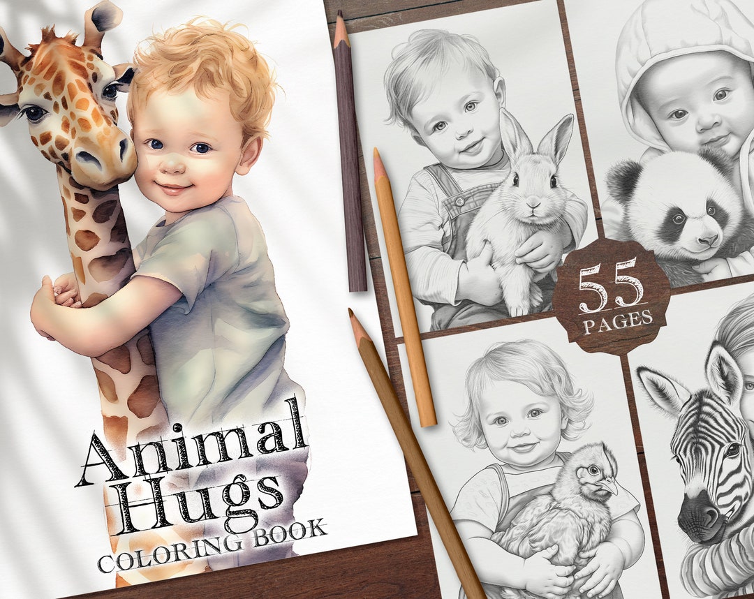 55 Animal Hugs Digital Coloring Book, Beautiful Cute Girl With Animals ...