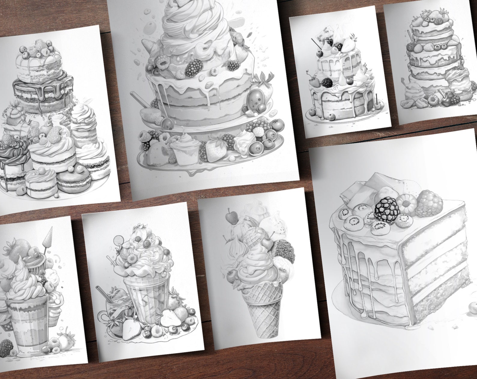 44 Desserts Digital Coloring Book, Ice Cream Coloring Pages, Cake ...
