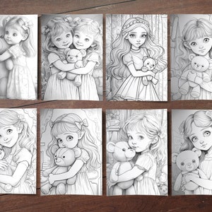 29 Little Girls With Teddy Bears Digital Coloring Book, Cute Little ...