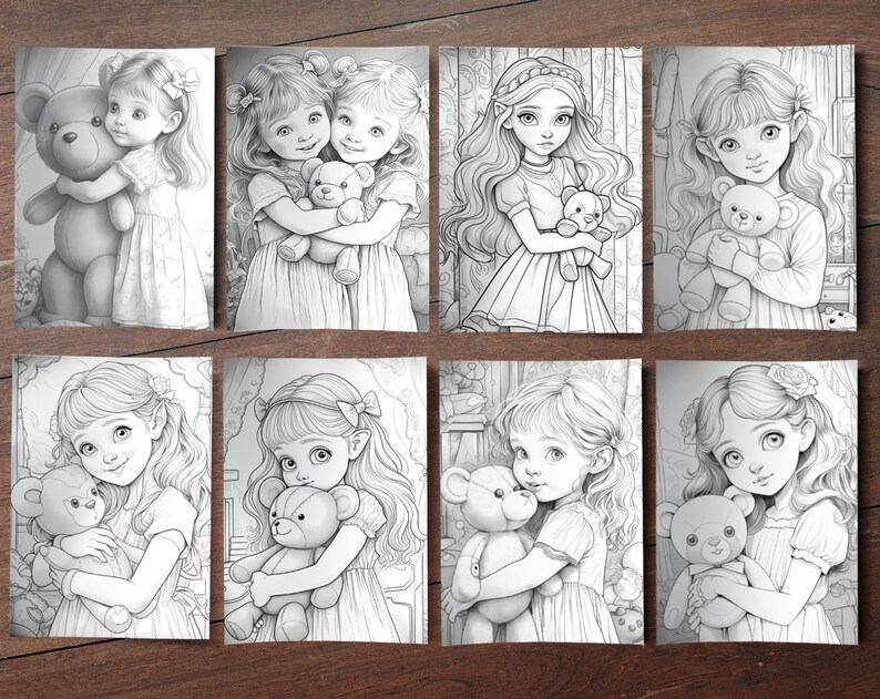 29 Little Girls With Teddy Bears Digital Coloring Book, Cute Little ...