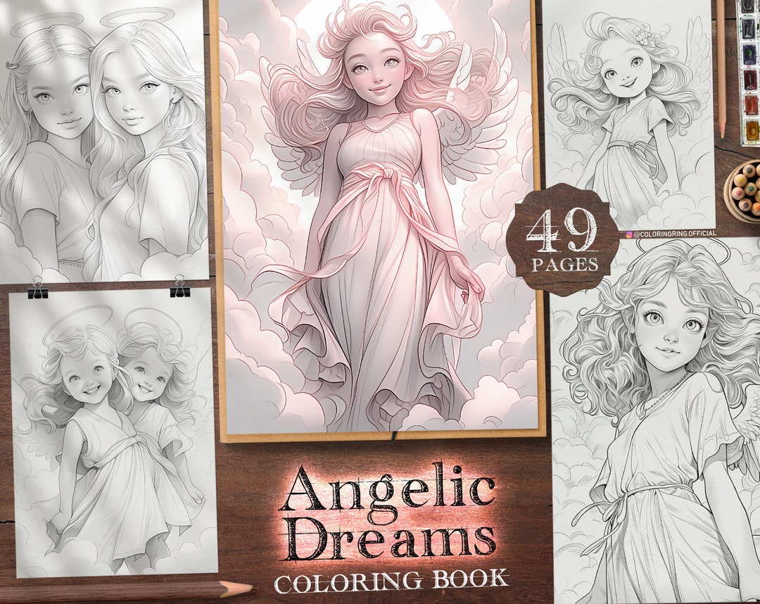 49 Angelic Dreams Digital Coloring Book, Angel Girls Coloring Pages ...