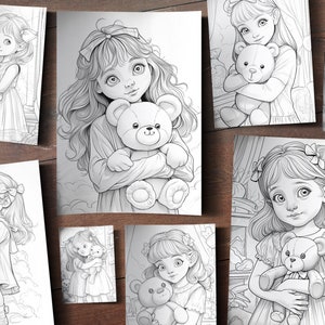 29 Little Girls With Teddy Bears Digital Coloring Book, Cute Little ...