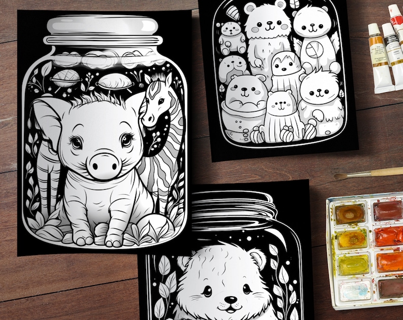 80 Cute Animals in Jar Digital Coloring Book, Kawaii Animals in Glass ...