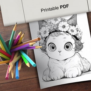 39 Kawaii Kitten With Flower Wreath Digital Coloring Book, Floral Cat ...