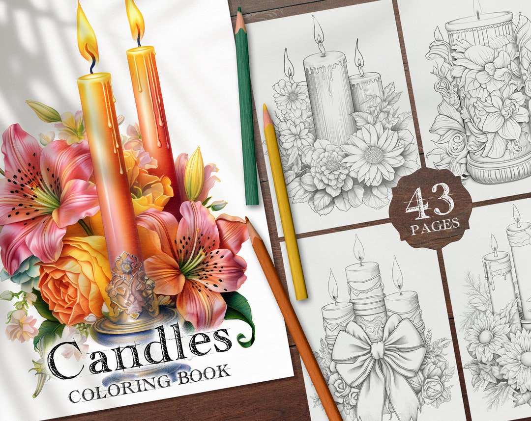 43 Candles Digital Coloring Book, Candle Grayscale Coloring Pages ...