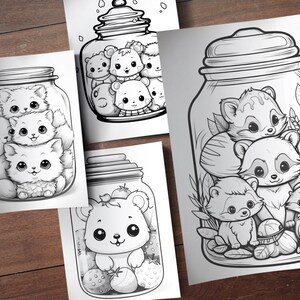 80 Cute Animals in Jar Digital Coloring Book, Kawaii Animals in Glass ...
