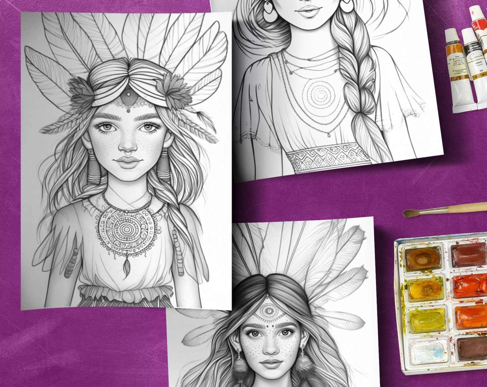 30 Boho Girls Coloring Book Part-1, Floral Boho Girl With Feather ...