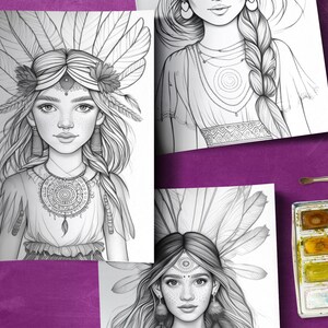 30 Boho Girls Coloring Book Part-1, Floral Boho Girl With Feather ...