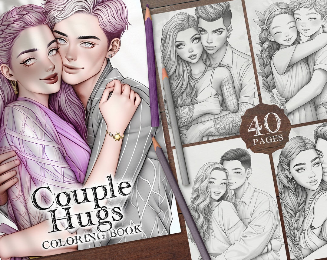 40 Couple Hugs Digital Coloring Book, Love Coloring Pages, Girl and Boy ...