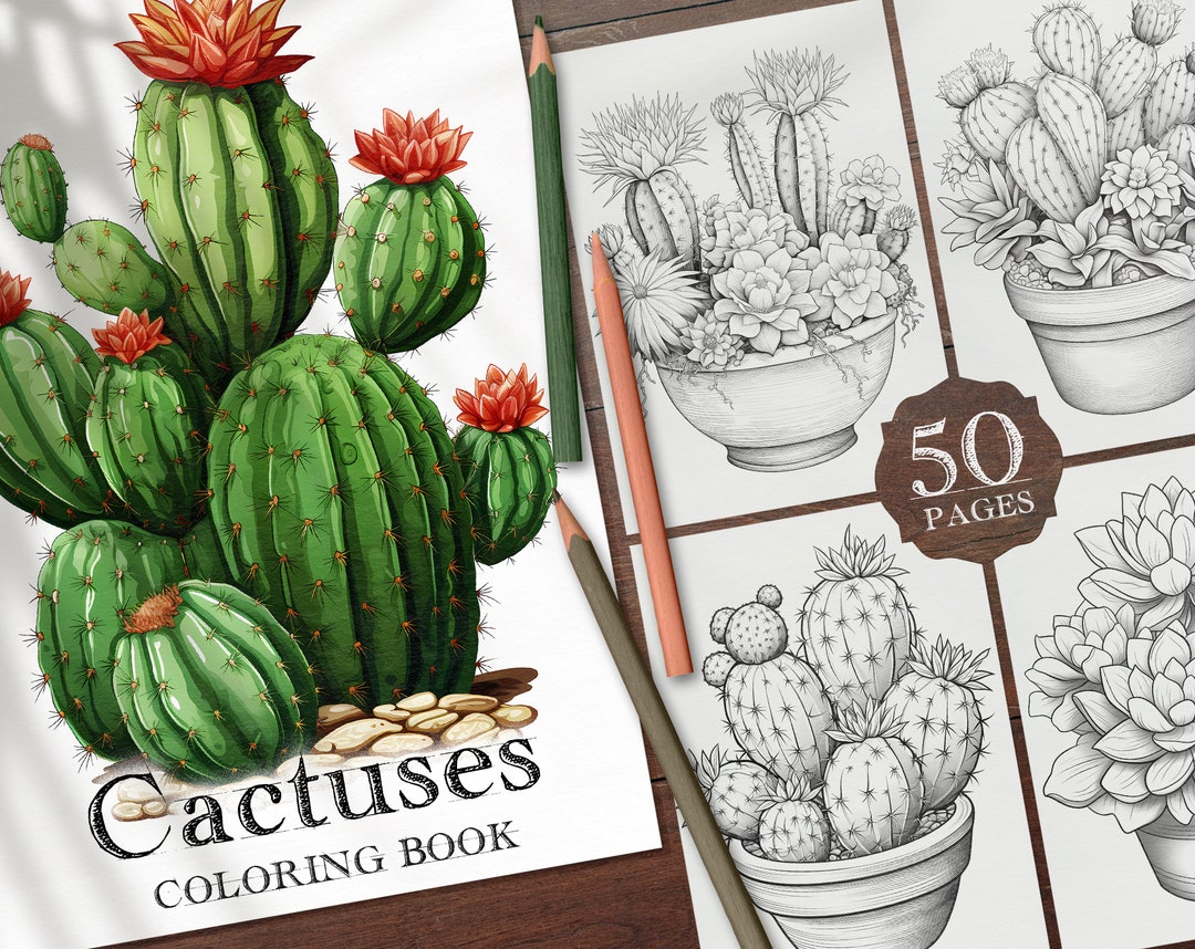 50 Cactuses Digital Coloring Book, Succulents in Pot Coloring Pages ...