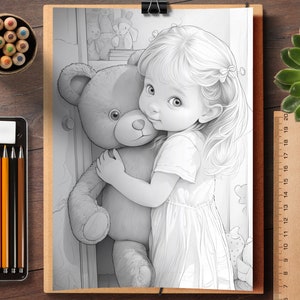 29 Little Girls With Teddy Bears Digital Coloring Book, Cute Little ...