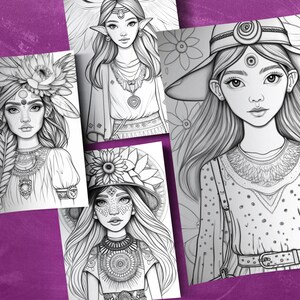 30 Boho Girls Coloring Book Part-1, Floral Boho Girl With Feather ...