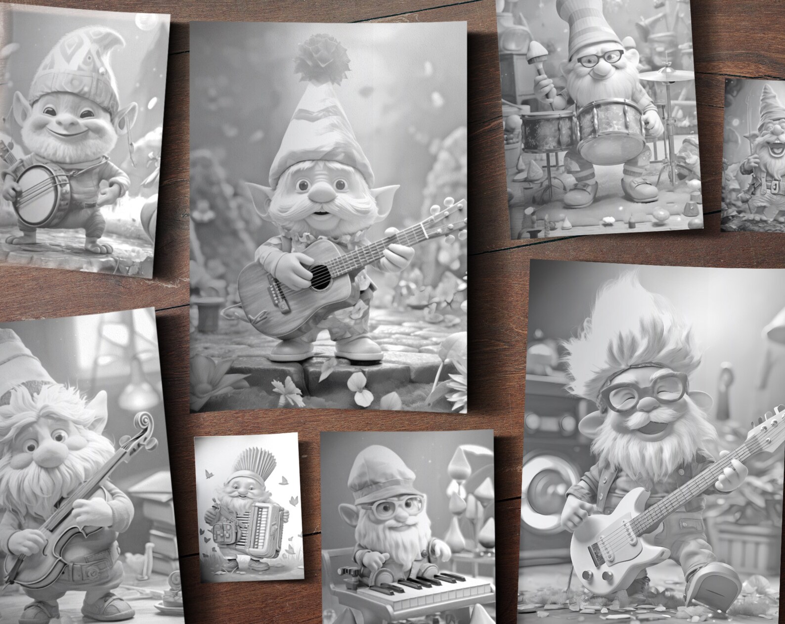 38 Melody Gnomes Digital Coloring Book, Gnomes With Music Instruments ...