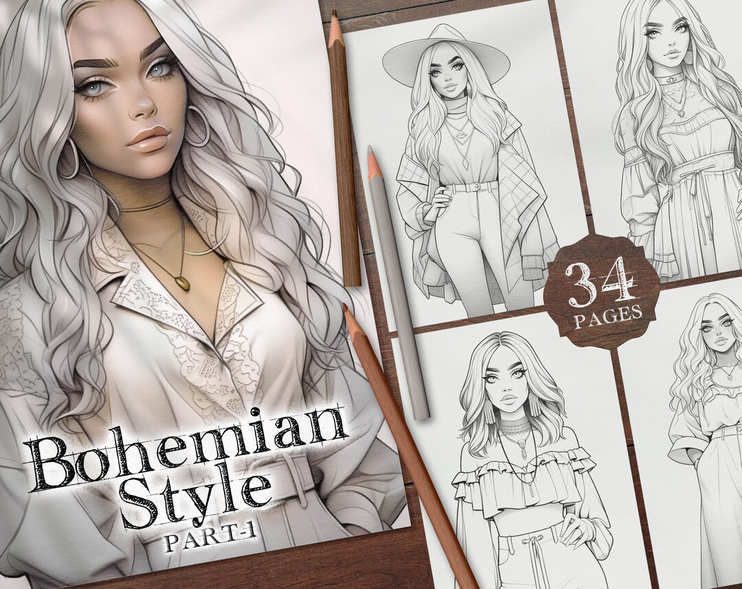 34 Bohemian Style Digital Coloring Book Part-1, Fashion Girls Coloring ...