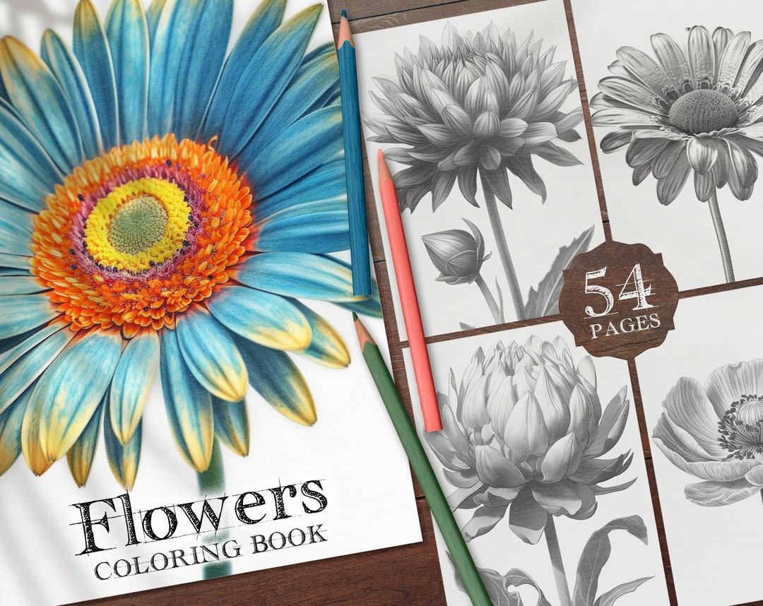 54 Flowers Digital Coloring Book, Floral Coloring Pages, Rose Coloring ...