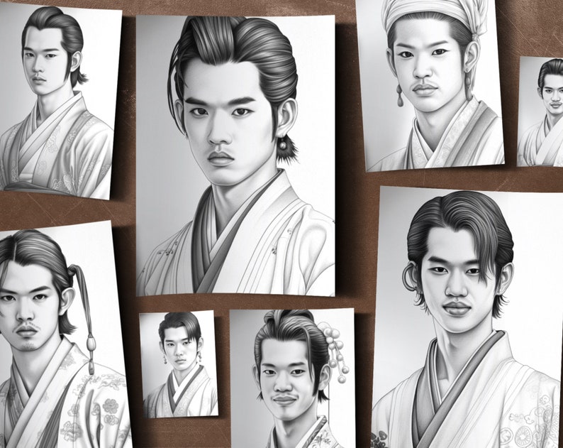 44 Japanese Men in Traditional Clothes Digital Coloring Book Part-1 ...