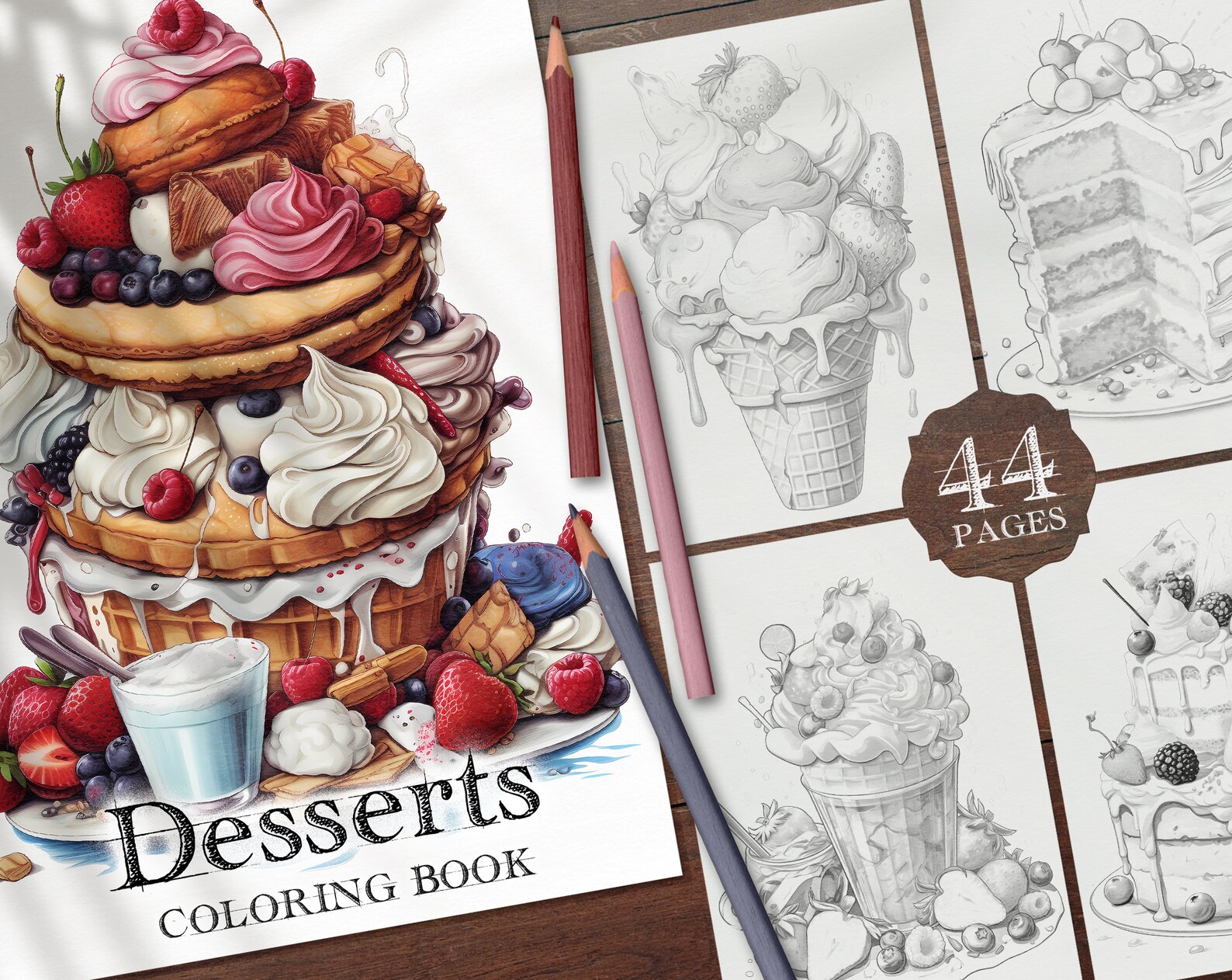 44 Desserts Digital Coloring Book, Ice Cream Coloring Pages, Cake ...