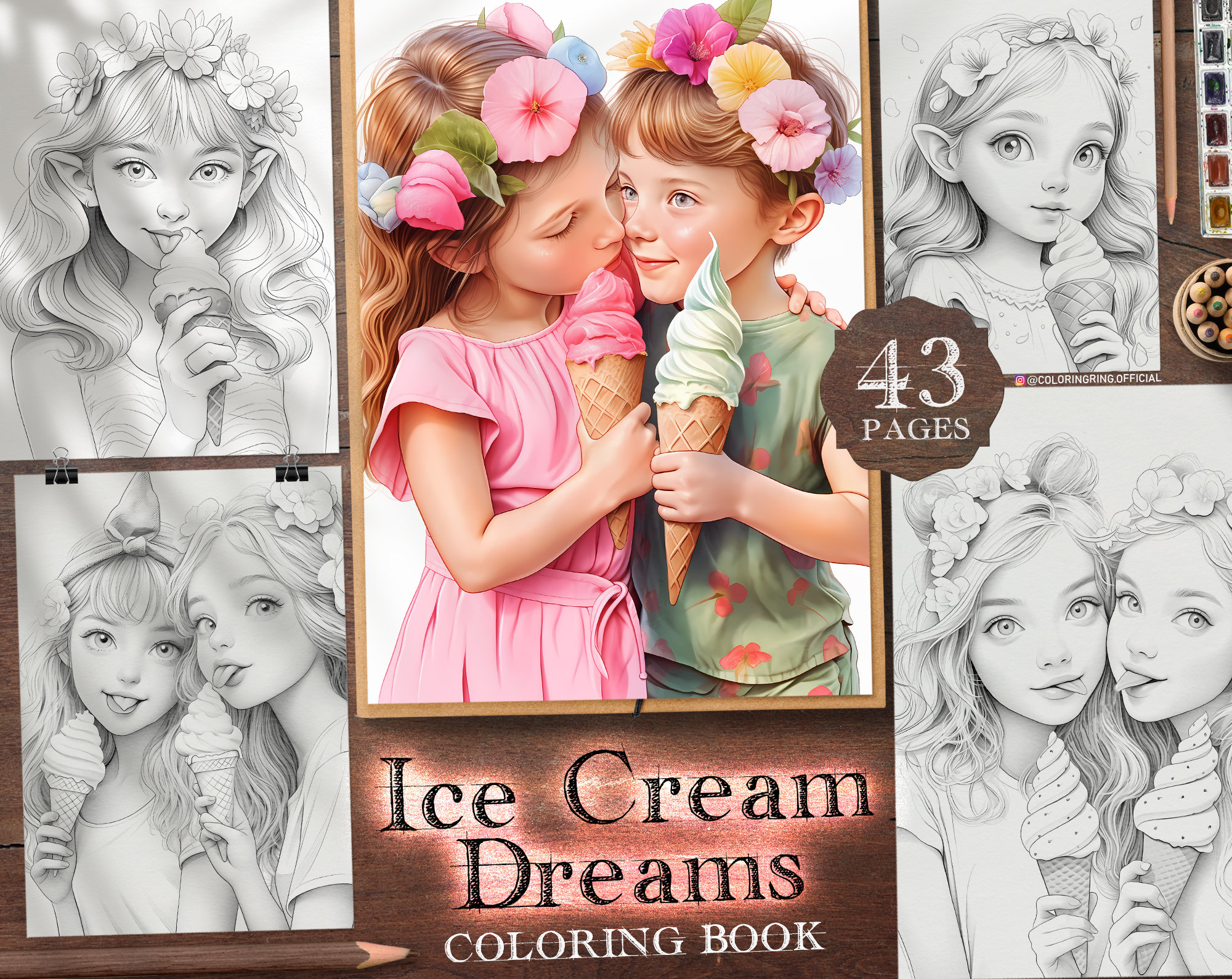 43 Ice Cream Dreams Digital Coloring Book, Beautiful Summer Girls With ...
