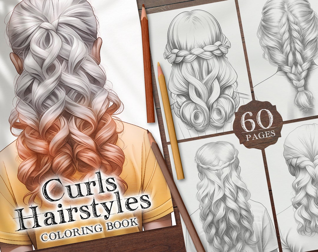60 Curls Hairstyles Digital Coloring Book, Fashion Girl Head Hairstyle ...