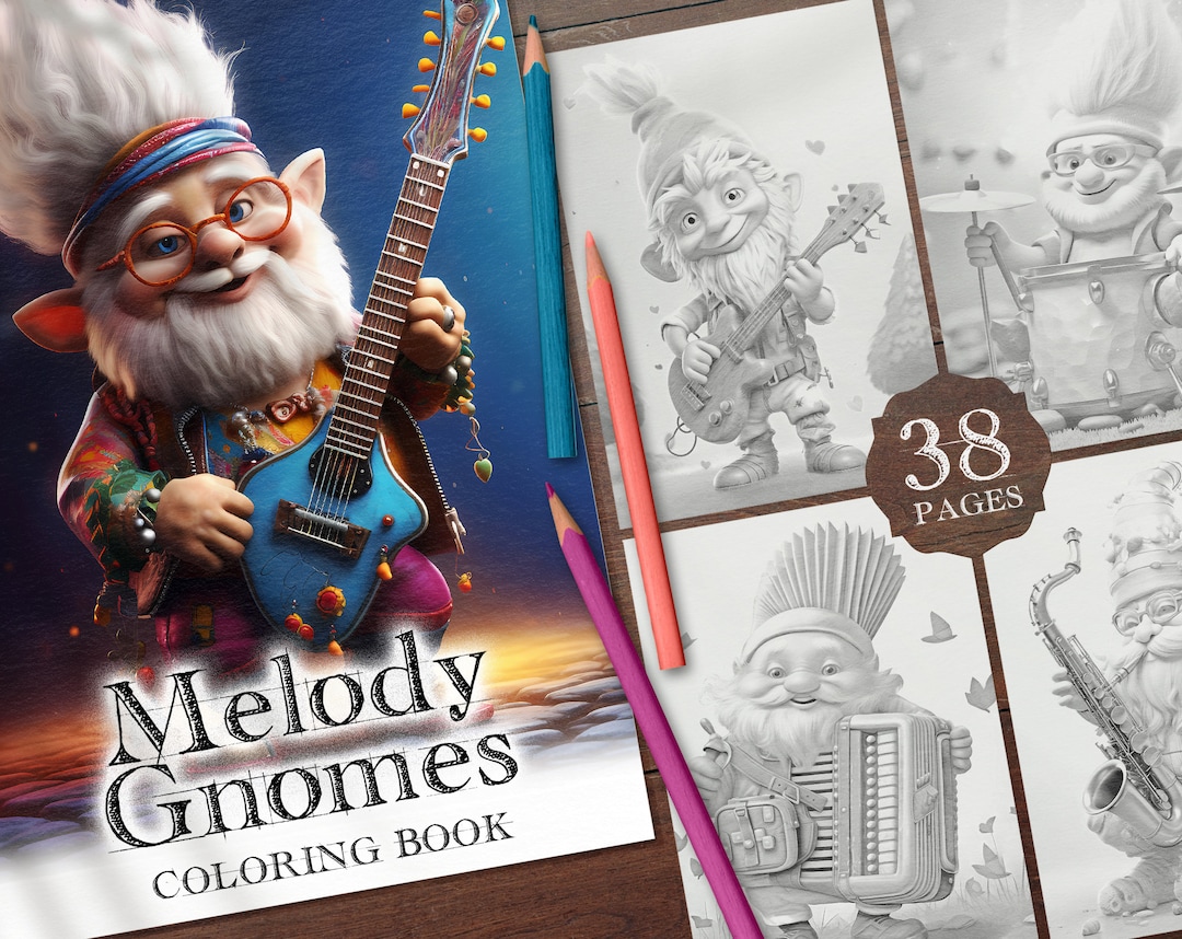 38 Melody Gnomes Digital Coloring Book, Gnomes With Music Instruments ...
