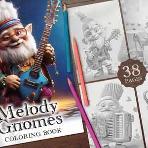 38 Melody Gnomes Digital Coloring Book, Gnomes With Music Instruments ...