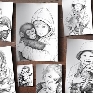 55 Animal Hugs Digital Coloring Book, Beautiful Cute Girl With Animals ...