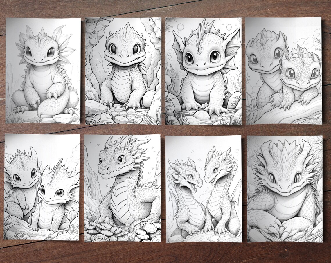 50 Dragonling Magic Digital Coloring Book, Cute Baby Dragons Coloring ...