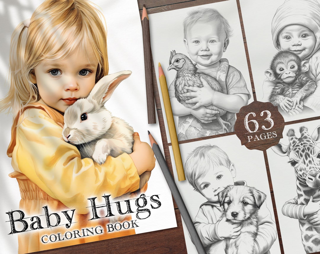 63 Baby Hugs Digital Coloring Book, Cute Childs Hugs Animals Coloring ...