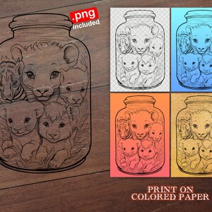 80 Cute Animals in Jar Digital Coloring Book, Kawaii Animals in Glass ...
