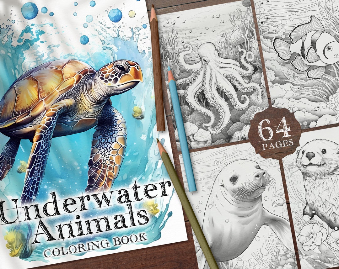64 Underwater Animals Digital Coloring Book, Ocean Creatures, Sea ...