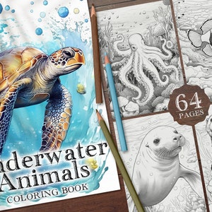 64 Underwater Animals Digital Coloring Book, Ocean Creatures, Sea ...