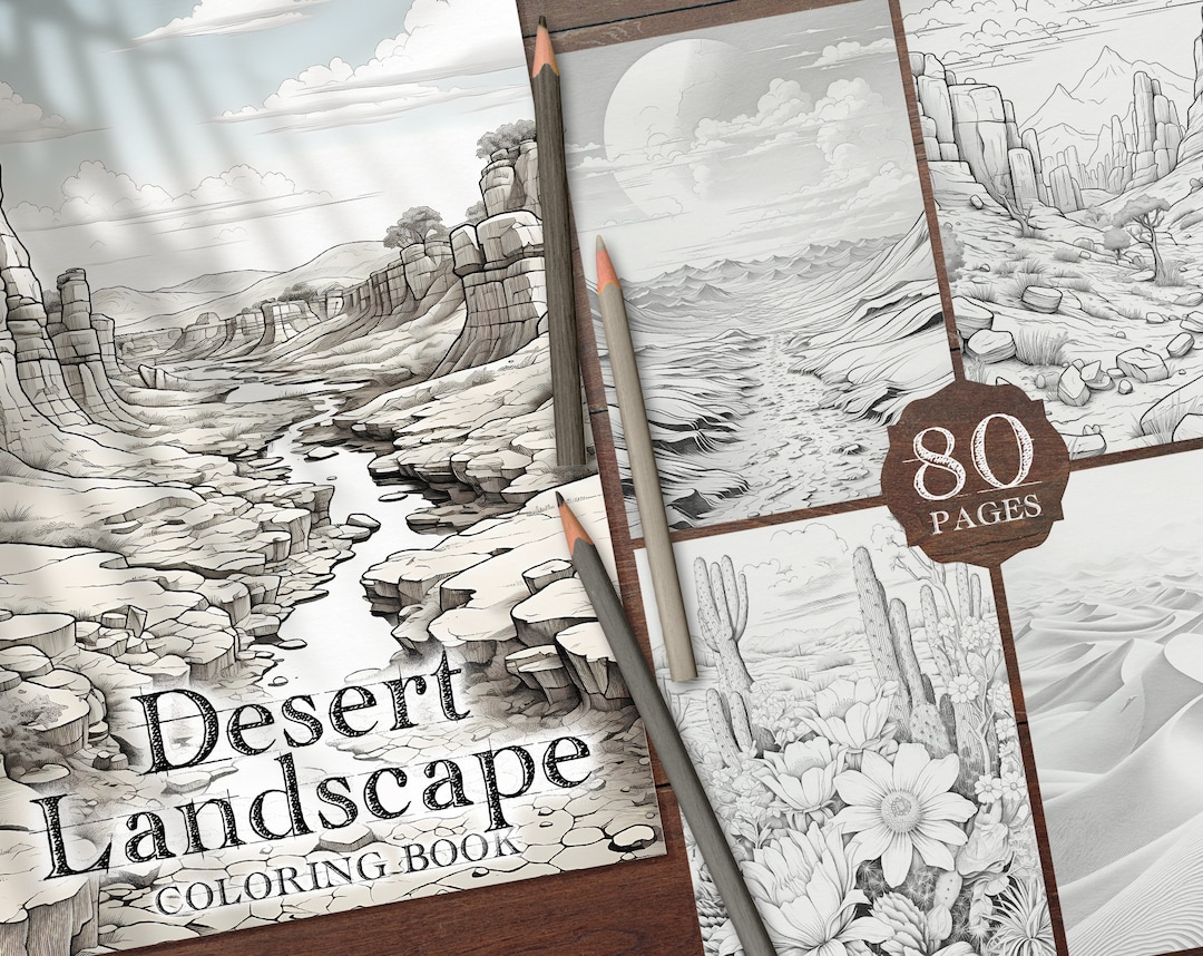 80 Desert Landscape Digital Coloring Book, Grayscale Desert Coloring ...